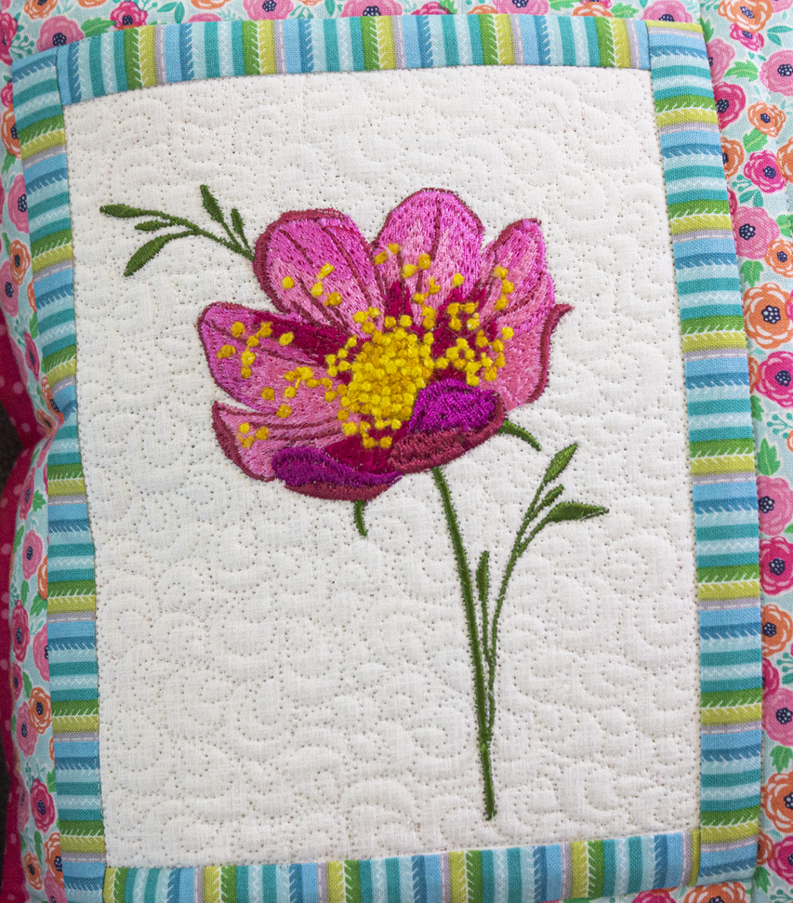 Quilted Flower Pillow with Dimensional Floral Embroidery - Sulky